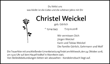 Traueranzeigen von Christel Weickel | Trauerportal Ihrer Tageszeitung
