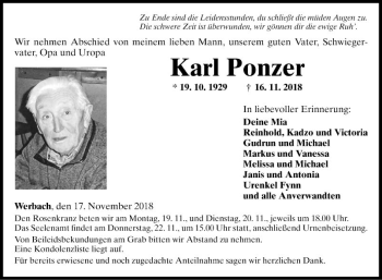 Traueranzeigen von Karl Ponzer | Trauerportal Ihrer Tageszeitung