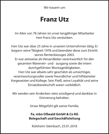 Traueranzeigen von Franz Utz | Trauerportal Ihrer Tageszeitung