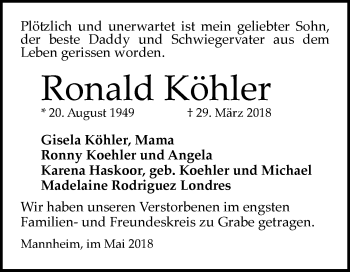 Traueranzeigen von Ronald Köhler | Trauerportal Ihrer Tageszeitung