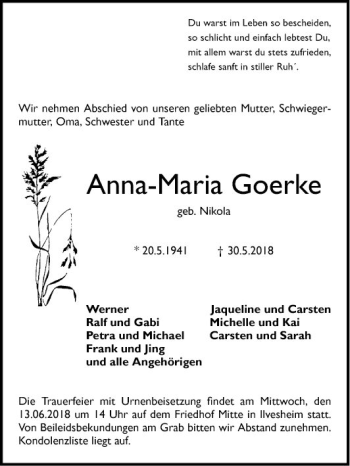 Traueranzeigen von Anna-Maria Goerke | Trauerportal Ihrer Tageszeitung