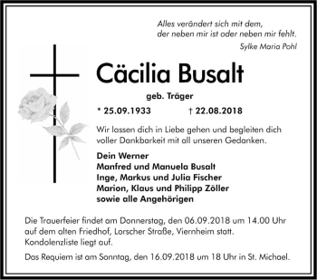 Traueranzeigen von Cäcilia Busalt | Trauerportal Ihrer Tageszeitung