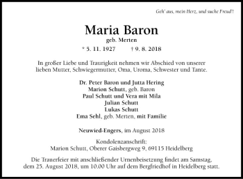 Traueranzeigen von Maria Baron | Trauerportal Ihrer Tageszeitung