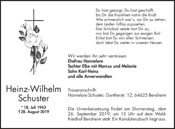 Traueranzeigen von Heinz-Wilhelm Schuster | Trauerportal Ihrer Tageszeitung