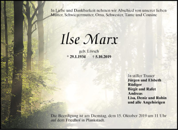Traueranzeigen von Ilse Marx | Trauerportal Ihrer Tageszeitung