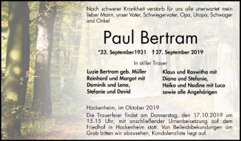 Traueranzeigen von Paul Bertram | Trauerportal Ihrer Tageszeitung