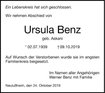 Traueranzeigen von Ursula Benz | Trauerportal Ihrer Tageszeitung