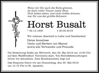 Traueranzeigen von Horst Busalt | Trauerportal Ihrer Tageszeitung