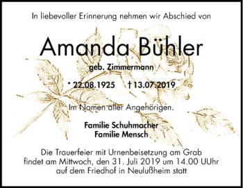 Traueranzeigen von Amanda Bühler | Trauerportal Ihrer Tageszeitung