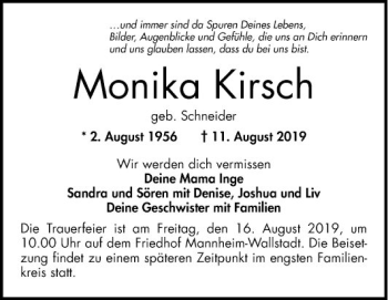 Traueranzeigen von Monika Kirsch | Trauerportal Ihrer Tageszeitung