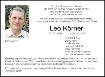 Traueranzeigen von Leo Körner | Trauerportal Ihrer Tageszeitung