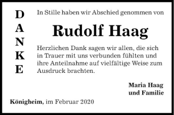 Traueranzeigen von Rudolf Haag | Trauerportal Ihrer Tageszeitung