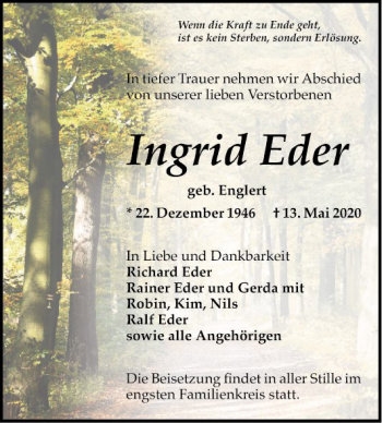 Traueranzeigen von Ingrid Eder | Trauerportal Ihrer Tageszeitung