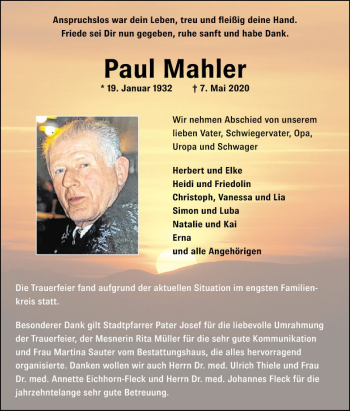 Traueranzeigen von Paul Mahler | Trauerportal Ihrer Tageszeitung