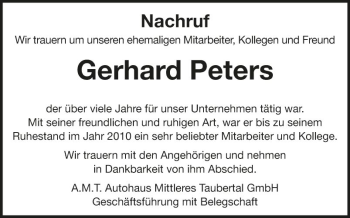 Traueranzeigen von Gerhard Peters | Trauerportal Ihrer Tageszeitung