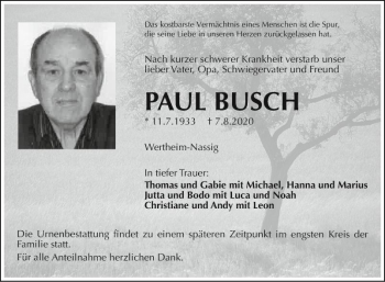 Traueranzeigen von Paul Busch | Trauerportal Ihrer Tageszeitung