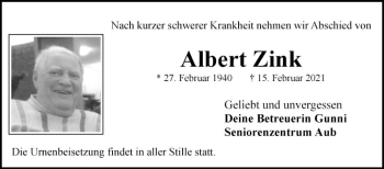 Traueranzeigen von Albert Zink | Trauerportal Ihrer Tageszeitung