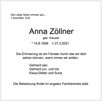 Traueranzeigen von Anna Zöllner | Trauerportal Ihrer Tageszeitung