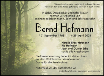 Traueranzeigen von Bernd Hofmann | Trauerportal Ihrer Tageszeitung