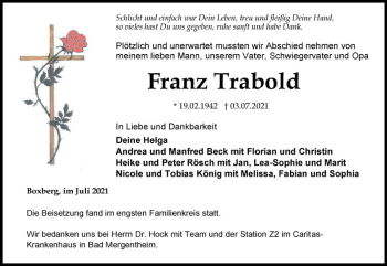 Traueranzeigen von Franz Trabold | Trauerportal Ihrer Tageszeitung