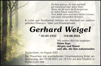 Traueranzeigen von Gerhard Weigel | Trauerportal Ihrer Tageszeitung
