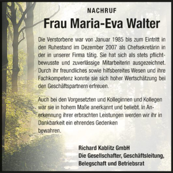 Traueranzeigen von Maria-Eva Walter | Trauerportal Ihrer Tageszeitung