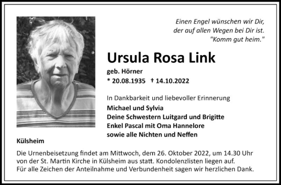 Traueranzeigen von Ursula Rosa Link | Trauerportal Ihrer Tageszeitung