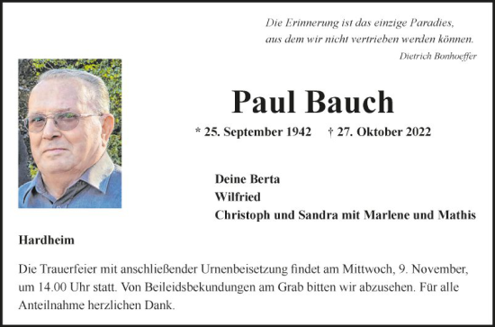 Traueranzeigen von Paul Bauch | Trauerportal Ihrer Tageszeitung