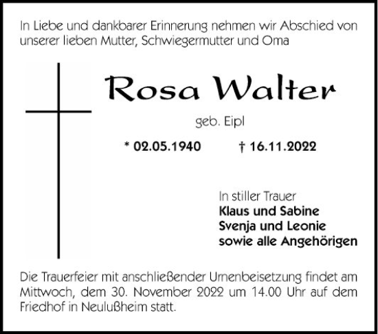 Traueranzeigen von Rosa Walter | Trauerportal Ihrer Tageszeitung