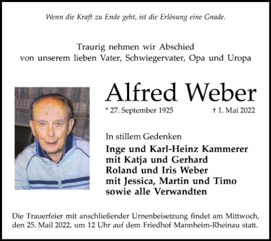 Traueranzeigen von Alfred Weber | Trauerportal Ihrer Tageszeitung