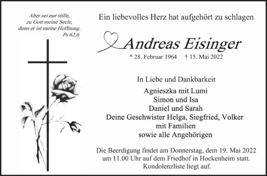 Traueranzeigen von Andreas Eisinger | Trauerportal Ihrer Tageszeitung