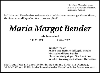 Traueranzeigen von Maria Margot Bender | Trauerportal Ihrer Tageszeitung