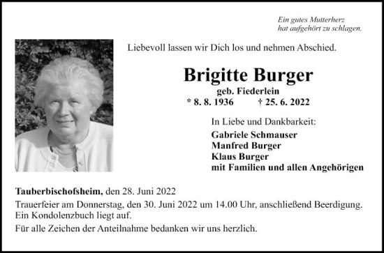 Traueranzeigen von Brigitte Burger | Trauerportal Ihrer Tageszeitung