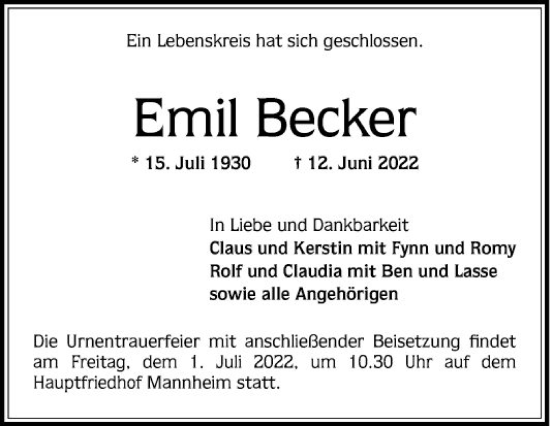 Traueranzeigen von Emil Becker | Trauerportal Ihrer Tageszeitung