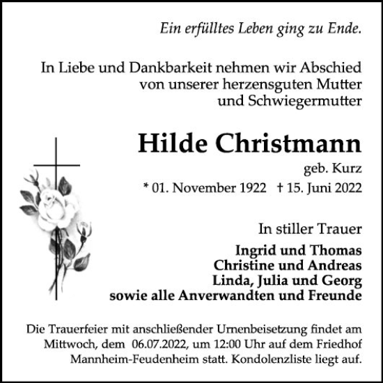 Traueranzeigen von Hilde Christmann | Trauerportal Ihrer Tageszeitung