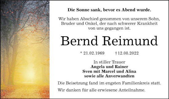 Traueranzeigen von Bernd Reimund | Trauerportal Ihrer Tageszeitung