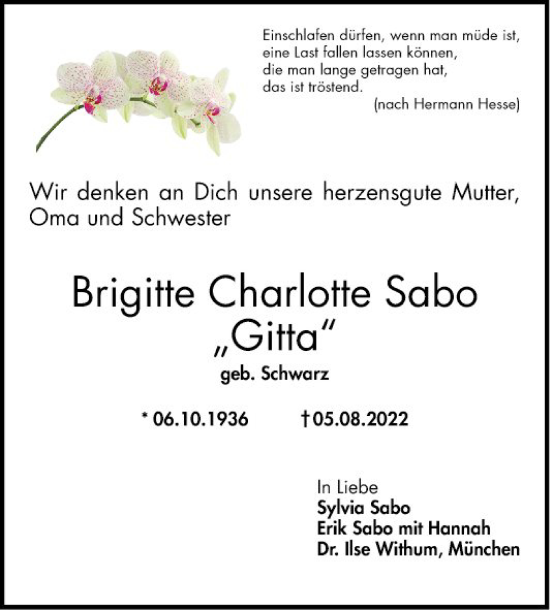 Traueranzeigen von Brigitte Charlotte Sabo | Trauerportal Ihrer ...