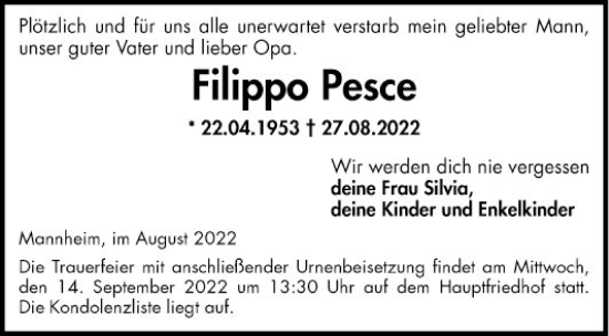 Traueranzeigen von Filippo Pesce | Trauerportal Ihrer Tageszeitung