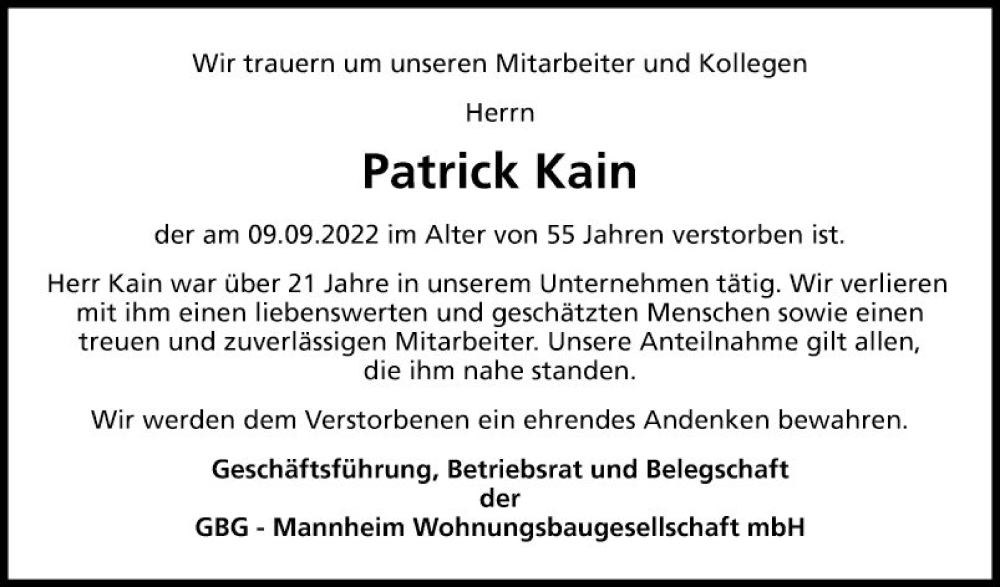 Traueranzeigen von Patrick Kain | Trauerportal Ihrer Tageszeitung