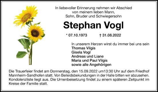 Traueranzeigen von Stephan Vogl | Trauerportal Ihrer Tageszeitung