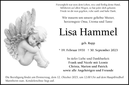 Traueranzeigen von Lisa Hammel | Trauerportal Ihrer Tageszeitung