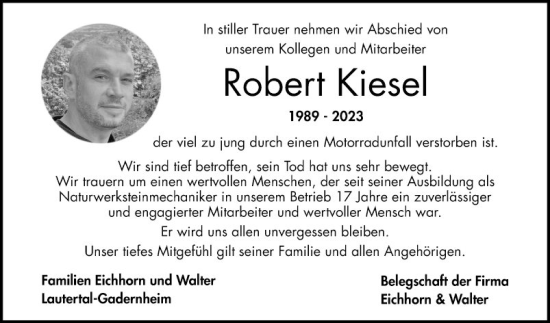 Traueranzeigen von Robert Kiesel | Trauerportal Ihrer Tageszeitung