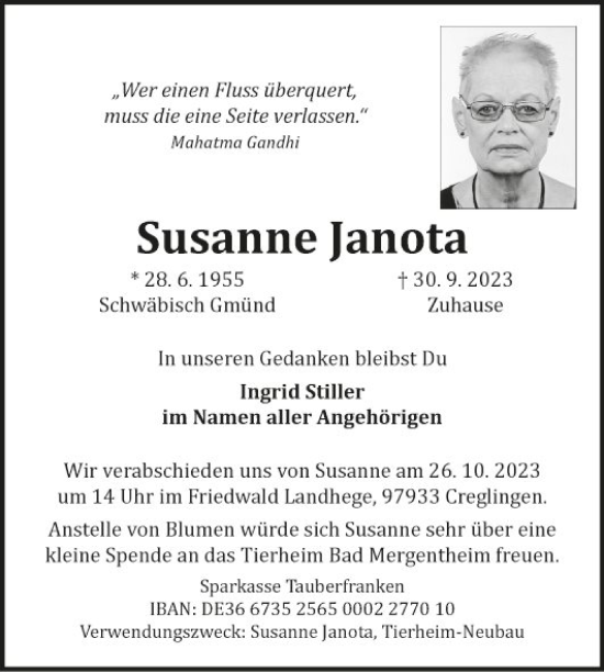 Traueranzeigen von Susanne Janota | Trauerportal Ihrer Tageszeitung