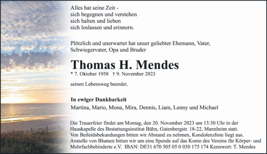 Traueranzeigen von Thomas H. Mendes | Trauerportal Ihrer Tageszeitung