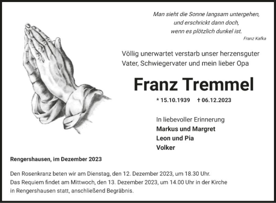 Traueranzeigen von Franz Tremmel | Trauerportal Ihrer Tageszeitung