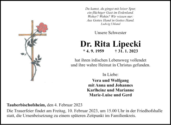 Traueranzeigen von Rita Lipecki | Trauerportal Ihrer Tageszeitung