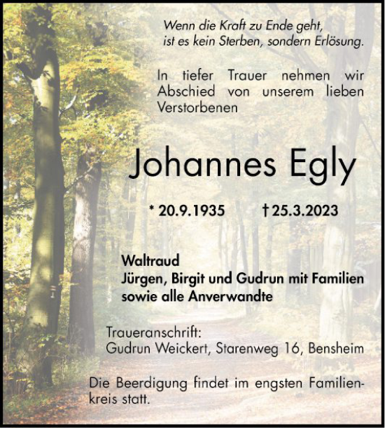 Traueranzeigen von Johannes Egly | Trauerportal Ihrer Tageszeitung
