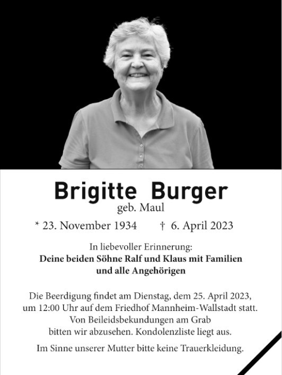 Traueranzeigen von Brigitte Burger | Trauerportal Ihrer Tageszeitung