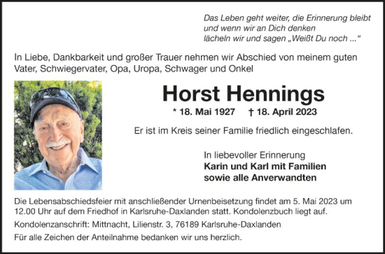 Traueranzeigen von Horst Hennings | Trauerportal Ihrer Tageszeitung