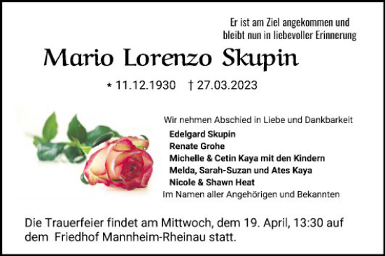 Traueranzeigen von Mario Lorenzo Skupin | Trauerportal Ihrer Tageszeitung